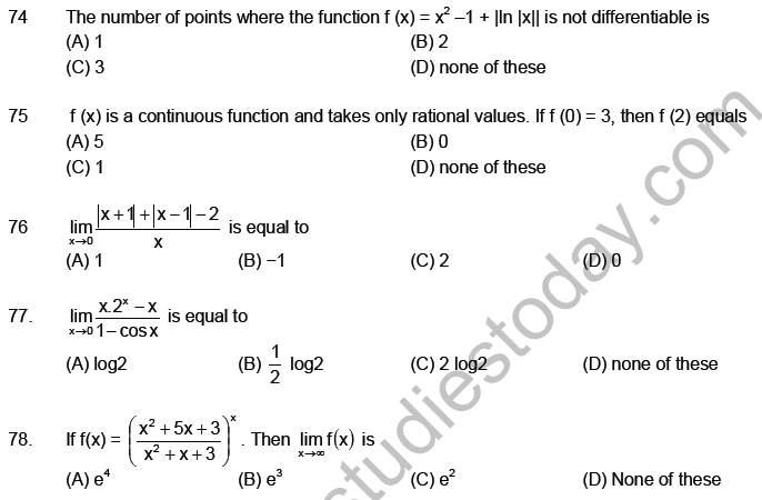 JEE Mathematics Limits Continuity and Differentiability MCQs Set A with Answers